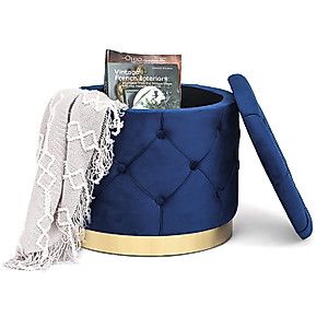 Homebeez 18.9" Round Velvet Storage Ottoman, Pre-Assembled Multi-Function Storage Vanity Stool, Button Tufted Accent Coffee Table with Golden Plate Base,Navy Blue