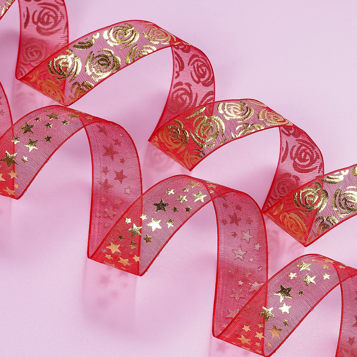 Yookat 6 Rolls Valentine's Day Ribbon Printed Heart Ribbons Mother's Day Ribbon for Valentine's Day Mother's Day Wedding Gift Wrapping