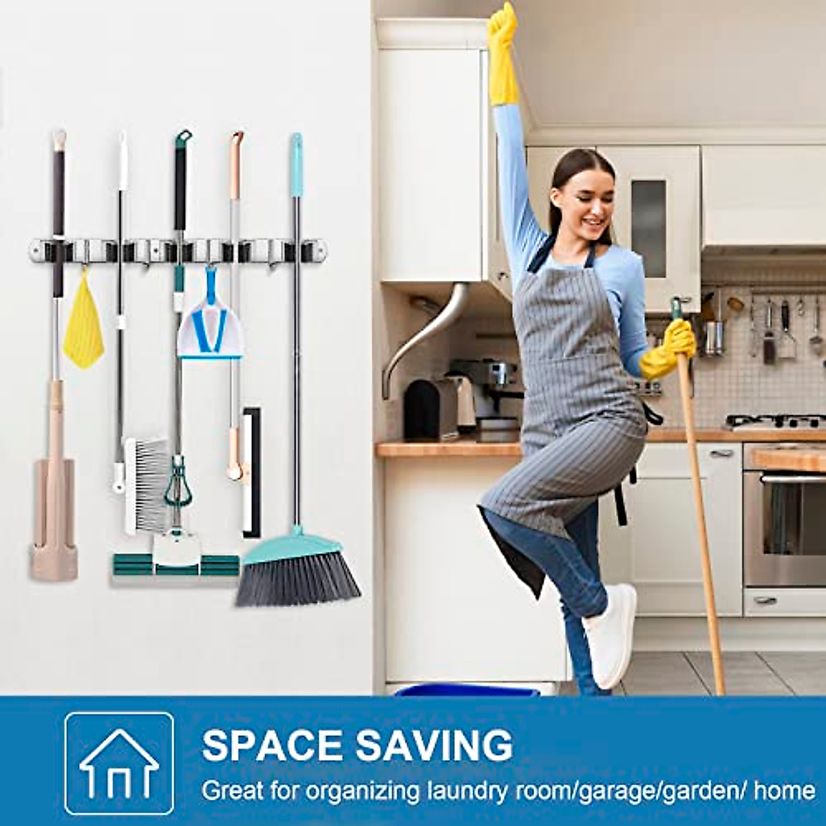 IMILLET 2 Pack Broom Holder Wall Mount, Broom Holder Stainless Steel 5 Racks with 4 Hooks Broom Organizer Wall Mount Self Adhesive Laundry Room Organization Heavy Duty Garage Organization Storage