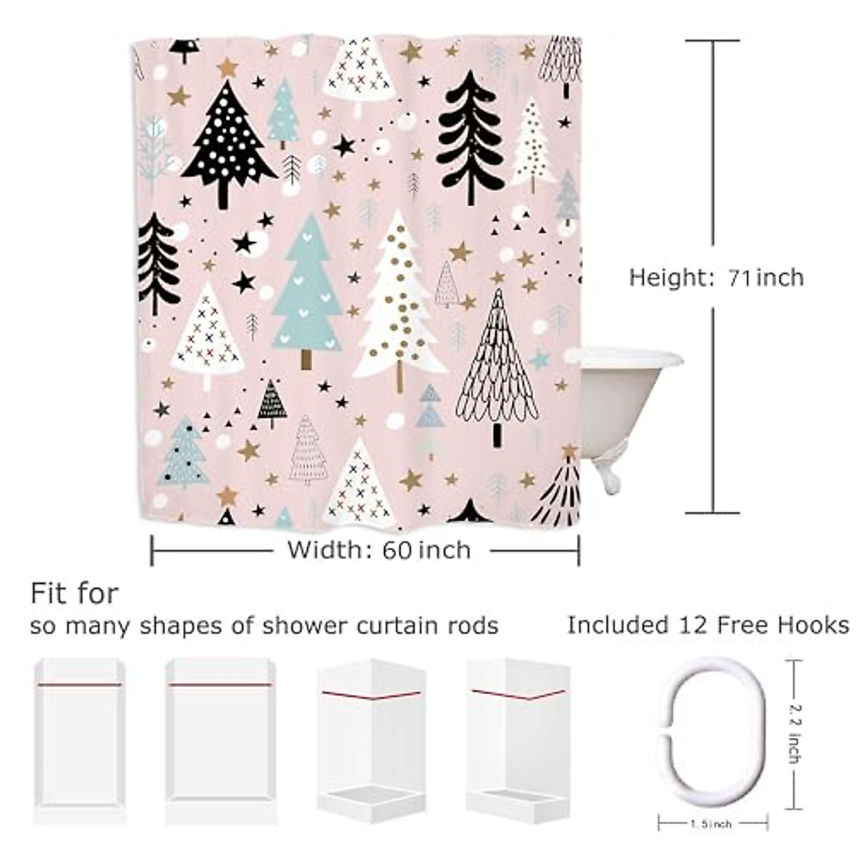 Yookeb Christmas Tree Cute Girls Bathroom Shower Curtain 60W by 71H Inch Pink Girls Xmas Pine Winter Seasonal Abstract Star Accessory Polyester Fabric 12 Plastic Hooks Waterproof Decor