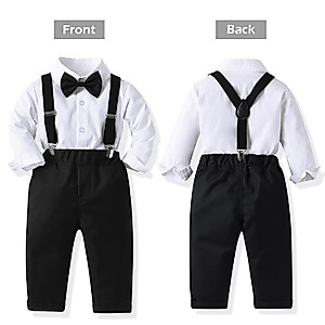Baby Boy Tuxedo Outfit Dressy Set Toddler Boys Gentleman Outfits, Long Sleeve White Shirt Bowtie Black Pants, Bow Tie and Suspender Formal Suit for Birthday Wedding Party Kids Dress Clothes