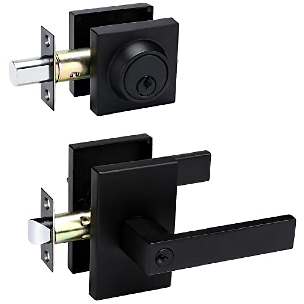 goldenwarm Keyed Alike Black Door Handle with Deadbolt, Square Contemporary Matte Black Exterior Door Lock Set with Deadbolt, Heavy Duty Zinc-alloyed Front Entry Door Locksets with Deadbolt(1 Pack)