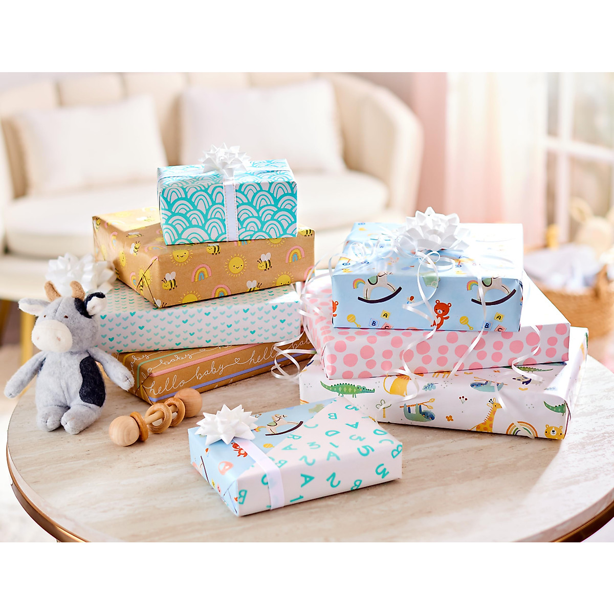 American Greetings 160 sq. ft. Reversible Wrapping Paper Bundle for Baby Showers, Baby Gifts, Birthdays and All Occasions, Hearts, Polka Dots and Animals (4 Rolls, 30 in. x 16 ft.)