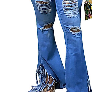 Skinny Ripped Bell Bottom Jeans for Women Classic High Waisted Destroyed Flare Jeans Distressed Raw Hem Denim Pants (Blue,3X-Large)