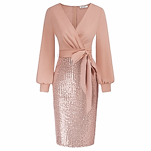 GRACE KARIN Women's Sequin Bodycon Dress Wear to Cocktial Party Long Sleeve Pencil Dress Pink S