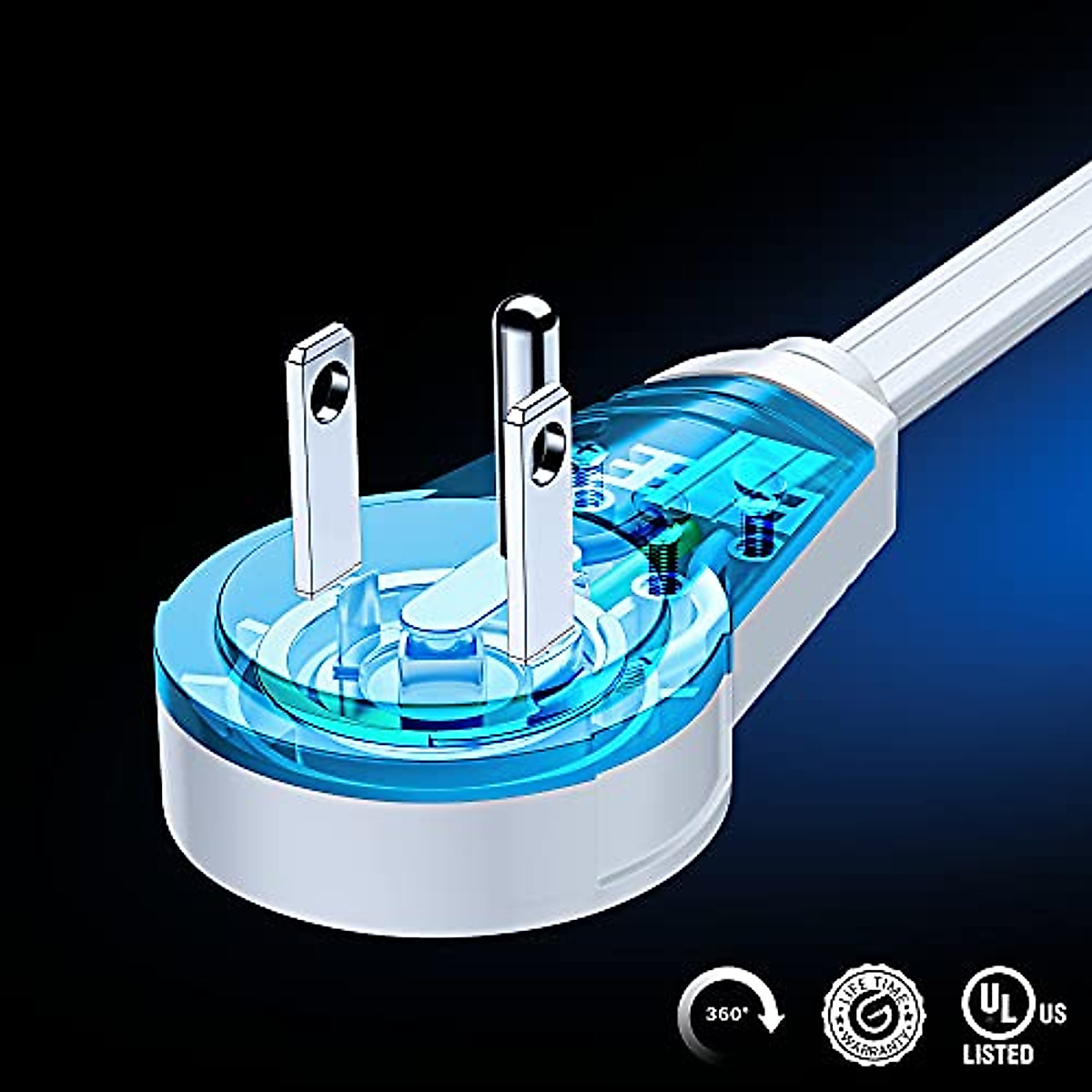 Maximm Cable 10 Ft 360° Rotating Flat Plug Extension Cord/Wire, 16 AWG Multi 3 Outlet Extension Wire, 3 Prong Grounded Wire - White - UL Certified