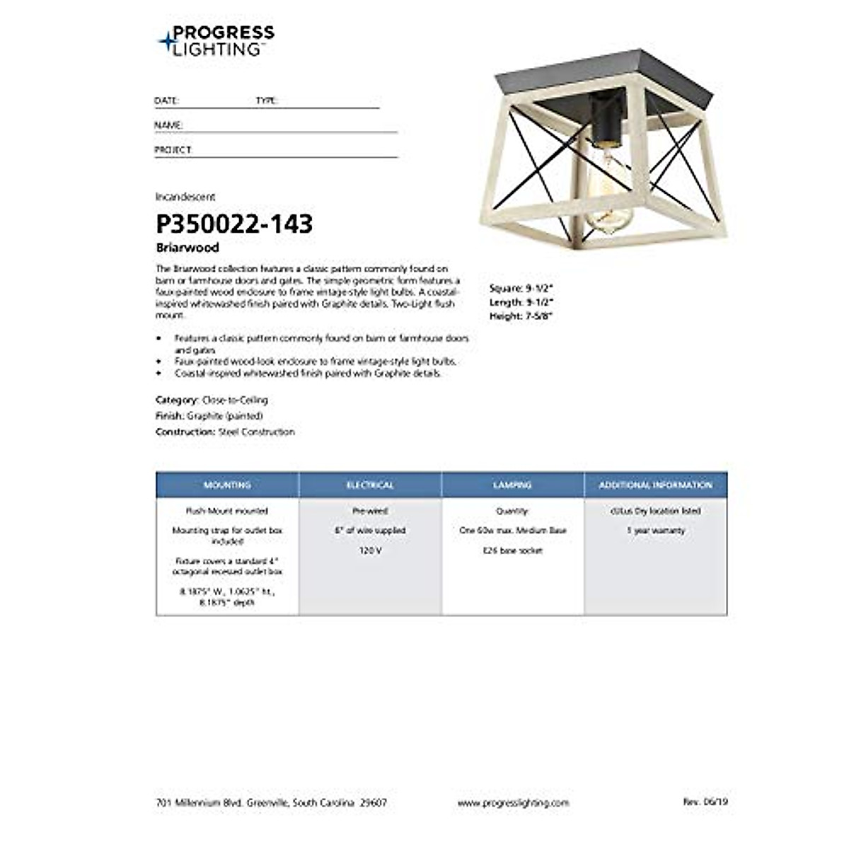 Briarwood Collection Whitewashed One-Light Farmhouse Flush Mount Ceiling Light