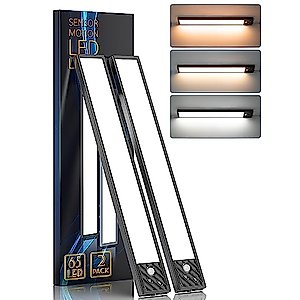 2023 Newest 65 LED Motion Sensor Lights Indoor 3 Color Temps, 2 Packs Dimmable Under Cabinet Lighting, 2500mAh Rechargeable Wireless Closet Lights Night Light for Drawers, Wardrobe, Stair, Kitchen