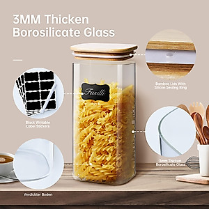 HomArtist Square Glass Jars with Bamboo Lids [Muti Size Set of 5], Glass Canisters with Airtight Lids, Glass Food Storage Containers for Pasta, Cereal, Flour, Sugar, Best for Kitchen & Pantry