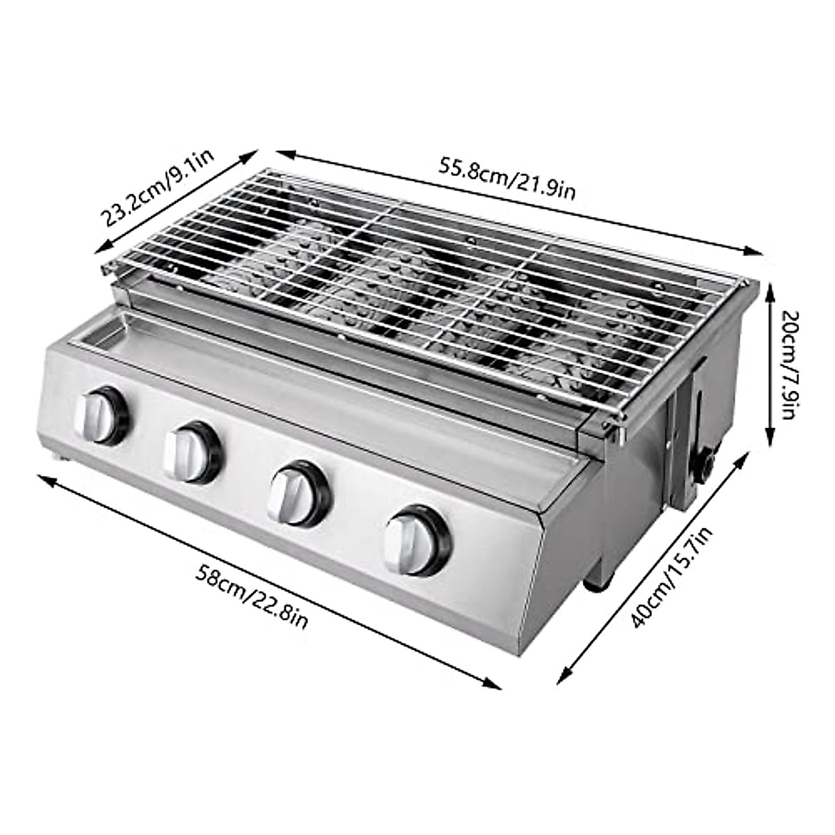 Fetcoi 4-Burner Outdoor Tabletop Propane Gas Grill, Stainless Steel Portable BBQ Grills Smokeless Griddle Barbecue Grill Table for Camping Picnics Garden Beach Party