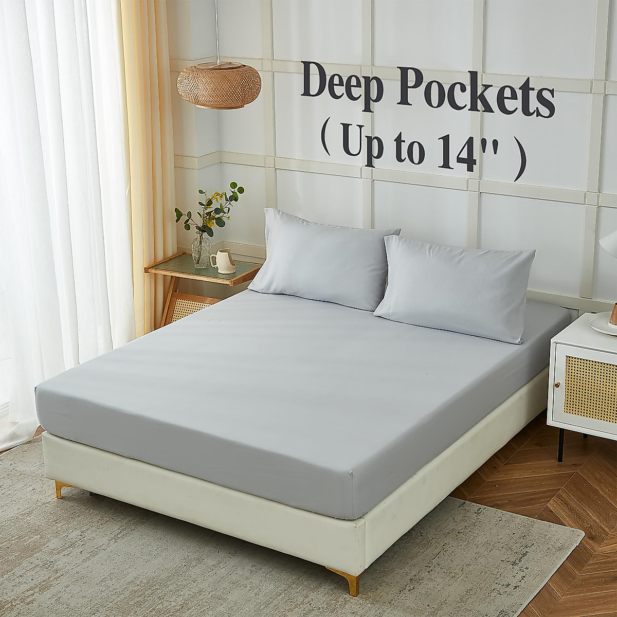 ILAVANDE Queen Sheets Set 4 Piece,Hotel Luxury Super Soft 1800 Series Microfiber Queen Bed Sheets Set-Wrinkle Free & Breathable-14 Deep Pocket Sheets for Queen Size Bed(Queen,Light Grey)