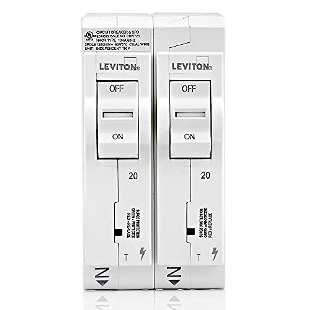 Leviton LSPD2-T Surge Protective Device with Two 20A 1-Pole Plug-On Standard Branch Circuit Breakers, Thermal Magnetic, 120/240 VAC, White