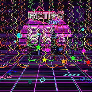 50 Pieces Glow Party Supplies Hanging Swirl Decorations Neon Star Swirl Hanging Decorations for Neon Party Glow Party Ceiling Decorations