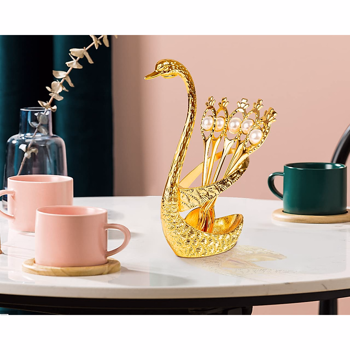 Coffee Spoon Set, Metal Swan Base Holder Dessert Spoon Organizer with 6pcs Spoons Teaspoon Dessert Flatware Set for Coffee Fruit Dessert Ice Cream Cake (Gold)