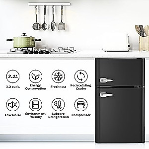 Antarctic Star Compact Mini Refrigerator Separate Freezer, Small Fridge Double 2-Door Adjustable Removable Retro Stainless Steel Shelves Garage Camper Basement/Dorm/Office 3.2 cu ft.Black