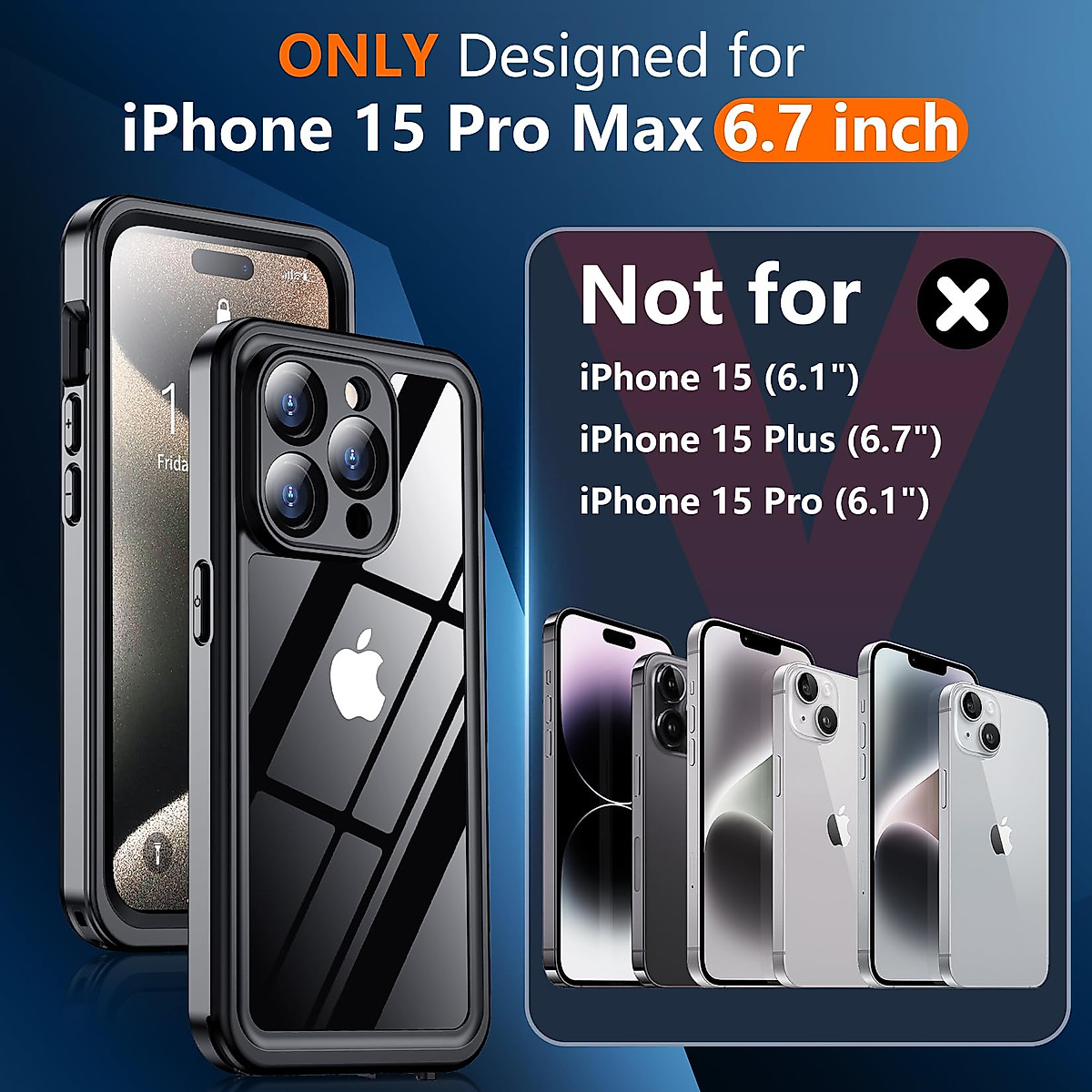 Justcool for iPhone 15 Pro Max Case Waterproof [14FT Military Dropproof] [IP68 Underwater] Built-in Screen Protector & [Tempered Glass Camera Lens Protector] Full Body Shockproof Phone Case, Black