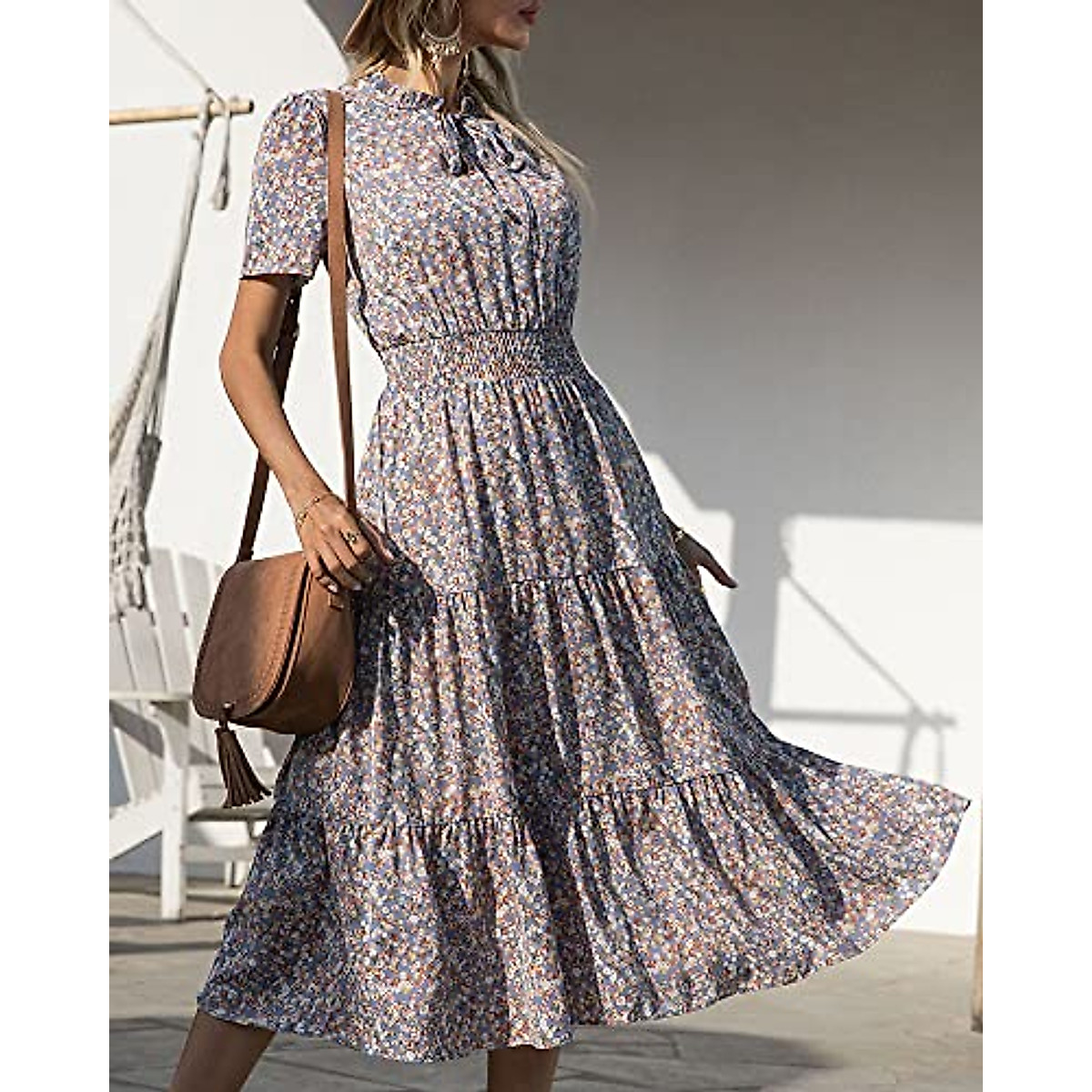 BTFBM Women's 2023 Summer Casual Boho Dress Floral Print Tie V Neck Short Sleeve Elastic Waist A-Line Midi Beach Dresses(Floral Blue, Large)