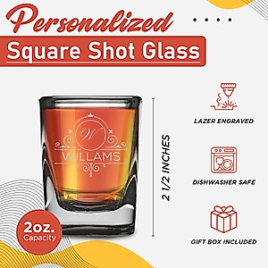 Personalized Monogram Laser Engraved Square Heavy Base Prism Shot Glass 2 oz. with Optional Gift Box, Custom Initial Name Gifts for Him, Her