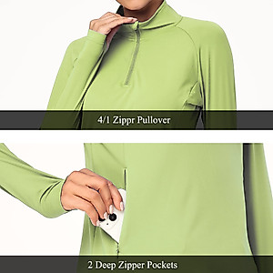 CUNYI Womens UPF 50+ Sun Protection Long Sleeve Quarter Zip Pullover Quick Dry Hiking Shirts with Zipper Pockets Workout Tops, Light Green, XXL