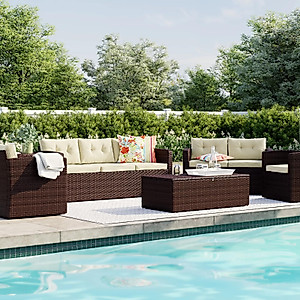 Thy-Hom Rio 5 Piece Outdoor Patio Furniture Sets, Patio Furniture Outdoor Sectional Sofa, All Weather Woven Wicker Patio Sofa Brown PE Rattan Patio Conversation Set w/Cushion and Table