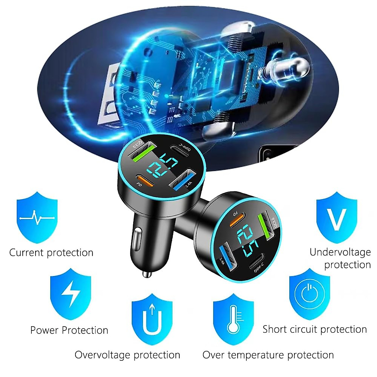 4-in-1 Fast Car Charger,PD/QC3.0/Type C Car Charger Fast Charging,Universal Car Phone Charger Cigarette Lighter USB Charger with Blue LED & Voltmeter for Car Truck SUV (QC3.0+Type-C+PD+2.4A)