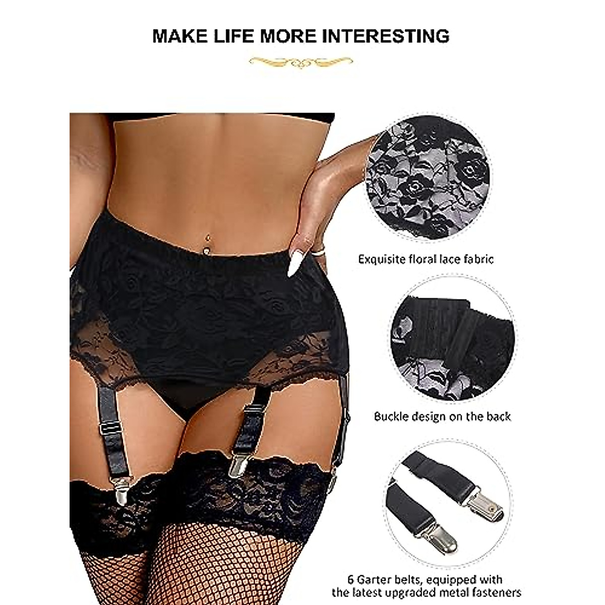 comeondear Lace Garter Belt for Women, High-Waisted Plus Size Garter Belts Set with Black Fishnets Thigh High Stockings and 6 Metal Clip Elastic Suspenders Black M-L