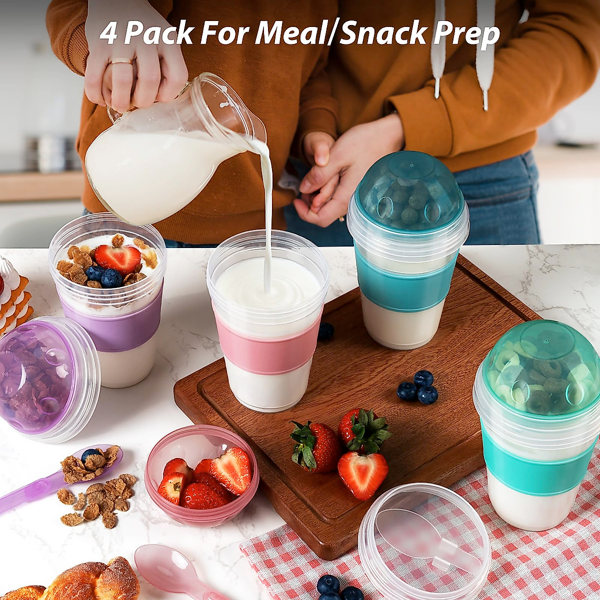 Freshmage 4 Pack 20 oz Yogurt Parfait Cups with Lids, Reusable Overnight Oats Containers with Lids, Folding Spoons and Topping Compartment for Breakfast to Go