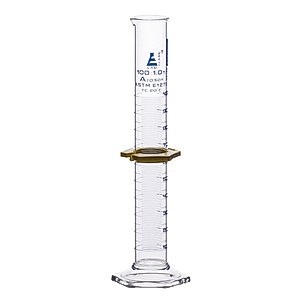 Graduated Cylinder, 100mL - ASTM, Class A - Tolerance ±0.50mL - Protective Collar, Hexagonal Base - Blue Graduations - with Individual Work Certificate - Borosilicate 3.3 Glass - Eisco Labs