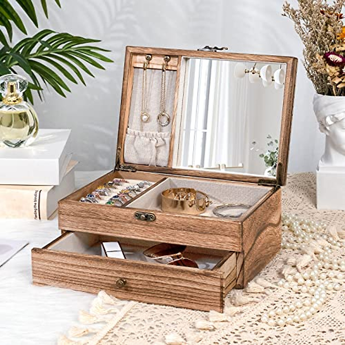 Emfogo Jewelry Box for Girls Women, 2 Layer Rustic Wooden Jewelry Boxes & Organizers with Mirror, Wood Jewelry Organizer Box Display for Rings Necklaces Earrings Bracelets(Torched Wood)