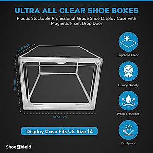 ShoeShield Ultra All Clear Shoe Boxes Plastic Stackable Professional Grade Shoe Display Case with Magnetic Front Drop Door Open Easy Assembly Modern Shoe Sneaker Display Case Fits US Size 14