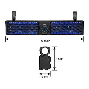 BOSS Audio Systems BRT26RGB ATV UTV Sound Bar System - 26 Inches Wide, IPX5 Rated Weatherproof, Bluetooth Audio, Amplified, 4 inch Speakers, 1 Inch Tweeters, USB Port, RGB Multicolor Illumination