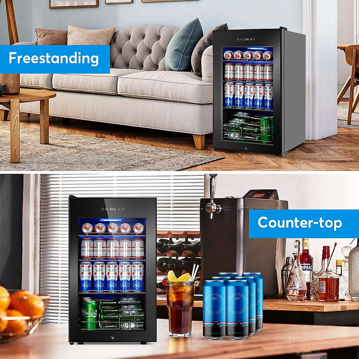 Beverage Refrigerator 17 inch Wide - 126 Can Beverage Cooler with Glass Door | Counter-Top/Freestanding Mini Beverage Beer Fridge | Temperature Memory | Invisible Door | Perfect for Soda,Beer