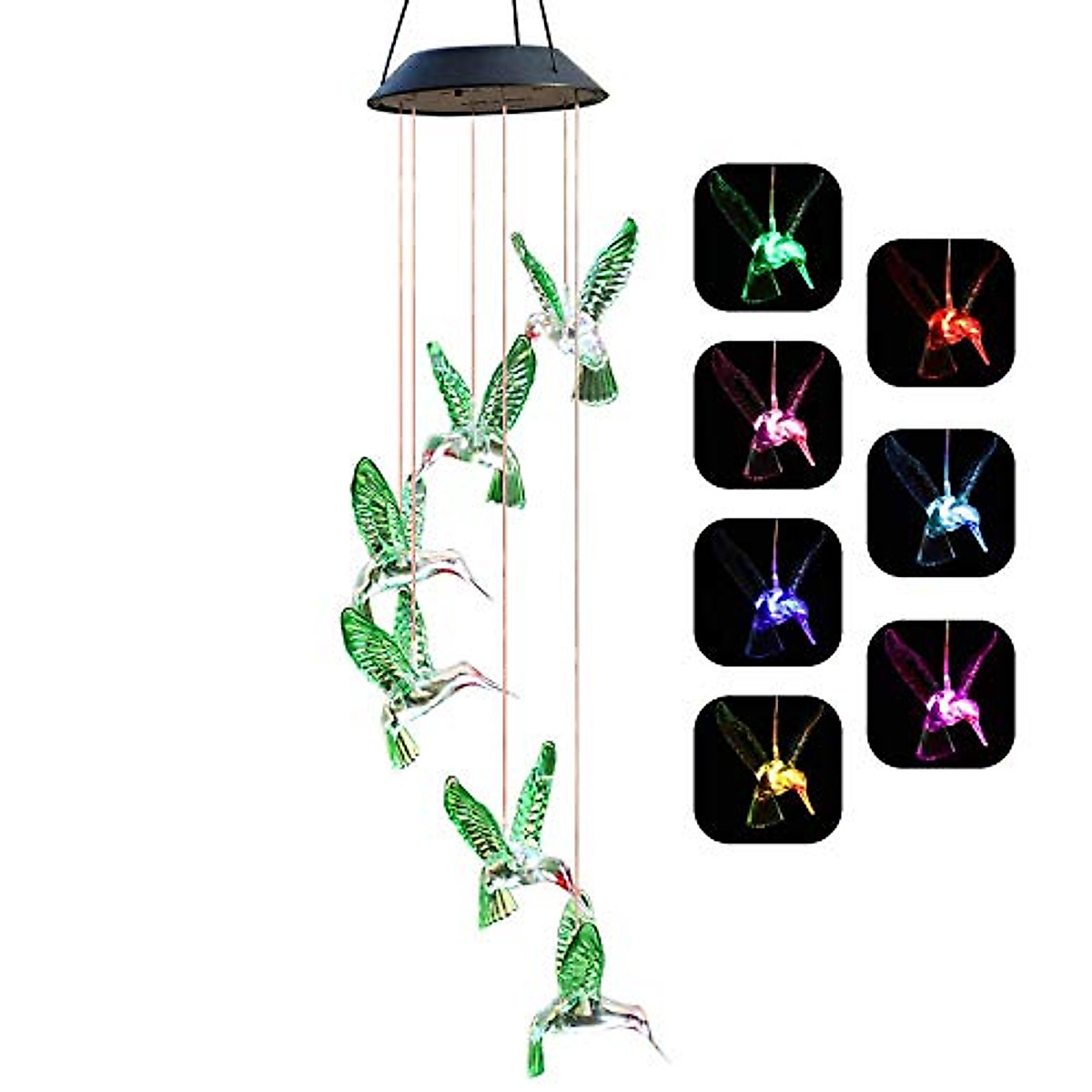 Chasgo Solar Hummingbird Wind Chime Color Changing Solar Mobile Wind Chime Outdoor Mobile Hanging Patio Light