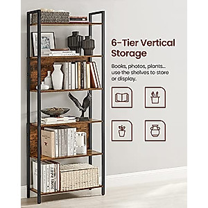 VASAGLE ALINRU 6-Tier Bookshelf, Tall Storage Shelves, Shelving Unit with Steel Frame, for Living Room, Entryway, Hallway, Office, Industrial Style, Rustic Brown and Black ULLS113B01