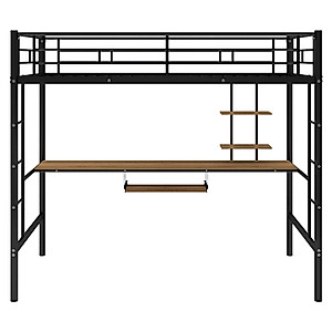 Metal Loft Bed Studio Loft Bunk Bed Over Desk and Bookcase with 2 Ladders and Keyboard Tray,Twin Loft Bed for Dorm, Boys & Girls Teens Kids, Black