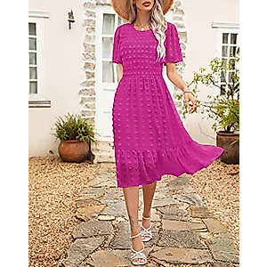 Kranda 2023 Women Summer Casual Short Sleeve Solid Midi Dress Round Neck Flutter Sleeve Smocked Ruffle Swing Flowy Swiss Dot Hot Pink Dress XL