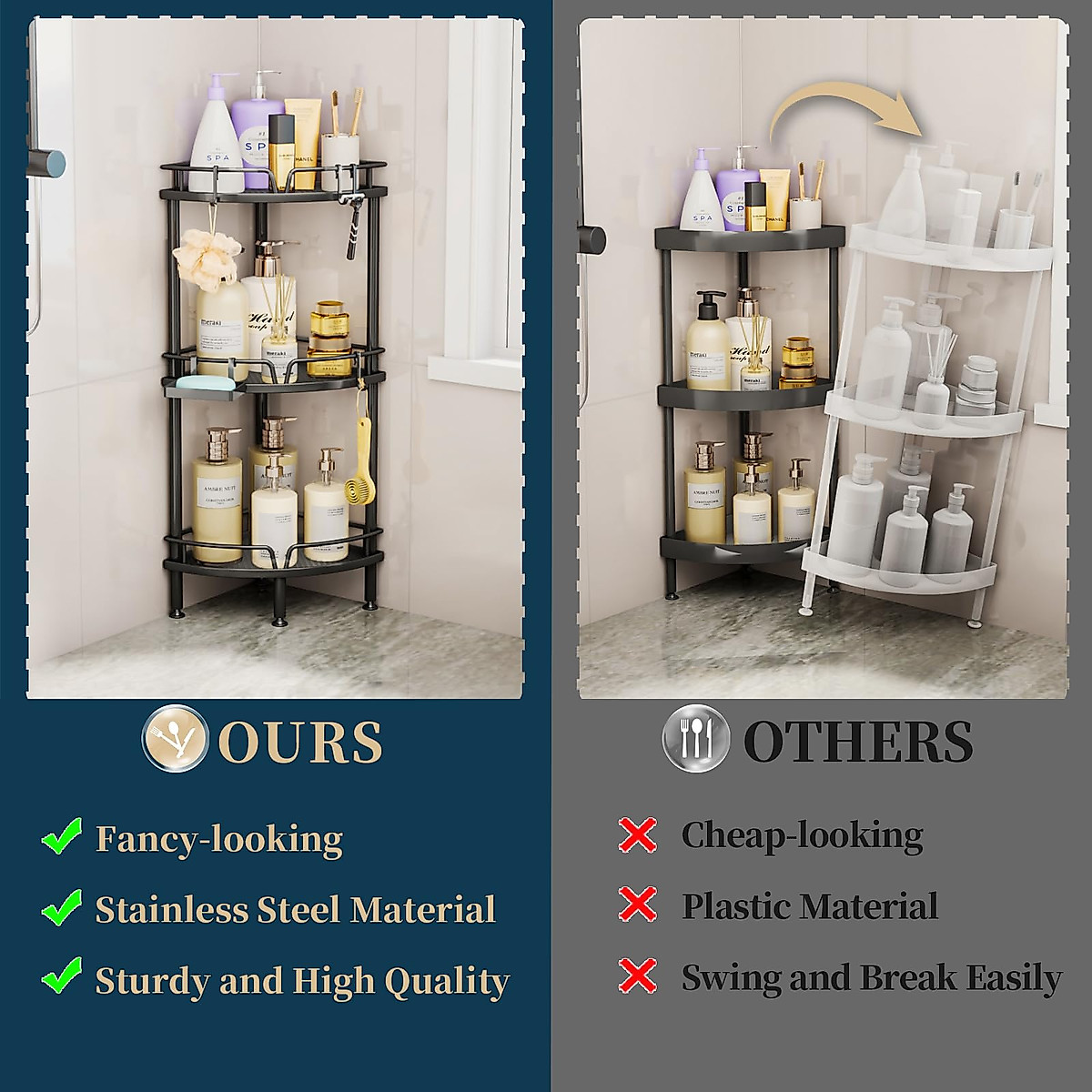 Consumest Corner Shower Caddy Stand - 3 Tier Shower Organizer with Soap Holder, Standing Tall Floor Shower Stand with Adjustable Feet & 4 Hooks, Shower Shelf Rack Storage for Bathroom Black