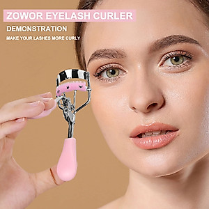 Zowor Eyelash Curler with 5PCS Silicone Refill Pad Fit All Eye Shape Curved Eyelash Curler,Natural and Long Lasting Lash Curler for Women Make Up Gift(Light Pink)