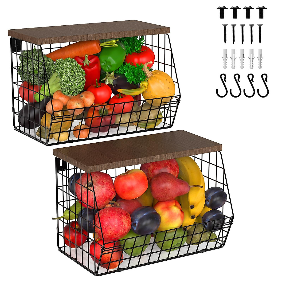 2pcs Fruit Basket Onion Storage Wire Baskets with Wood Lid, Multifunctional Stackable Wall-mounted & Countertop Tiered Kitchen Counter Organizer for Snack,Produce,Onion and Potato Storage Bins
