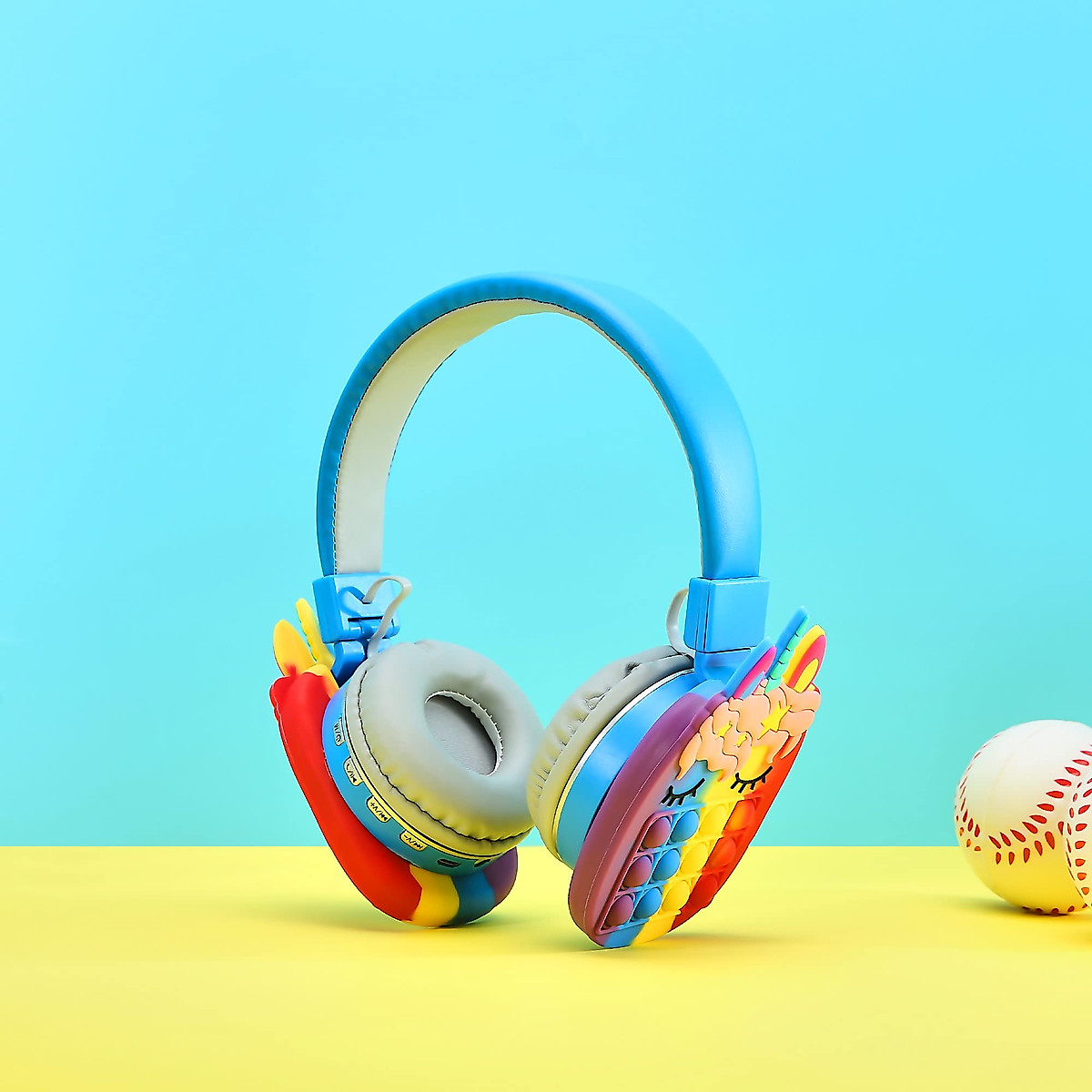 Wireless Bluetooth Noise Cancelling Over-Ear Headphone Silicone Fidget Pop Built-in Mic On-Ear Stereo Headset for Smartphone Tablet Computer (Rainbow Unicorn)