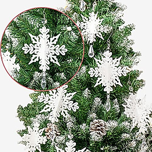 White Christmas Snowflake Ornaments - 8Pcs Plastic 3D Glitter White Snowflake Ornaments with Crystal Pendant and Hook for Christmas Tree Decorations Winter Wonderland Frozen Birthday Party Supplies