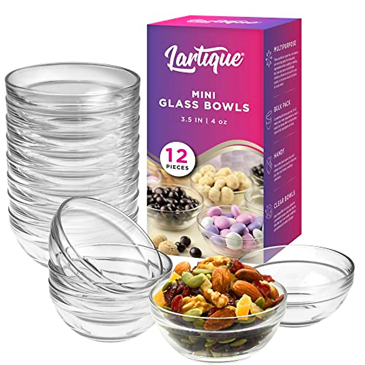 Lartique Mini 3.5 Inch Small Glass Bowls - Small Bowls Perfect for Prep, Dips, Nuts, or Candy - Meal Prep Bowls or Dessert Bowls, Set of 12