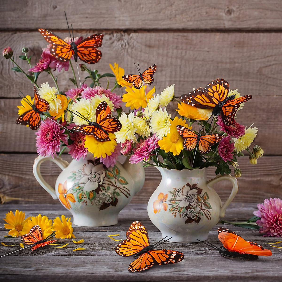 Giegxin 24 Pcs Monarch Butterfly Decorations 4 Size Artificial Monarch Butterfly Feather Butterfly Decor on Picks Butterflies for Crafts Fake Butterflies with Wire Butterfly Wall Decor (Orange)