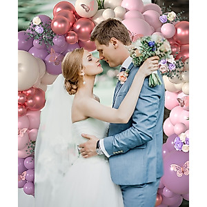 Dusty Lavender Purple Pink Balloon Arch Kit Lilac Sand White Rose Gold Balloons Garland With Artificial Flower and Eucalyptus Leaves Butterfly for Bridal Baby Shower Wedding Birthday Party Decorations