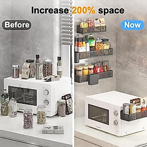 Sevenblue 4 Pack Magnetic Spice Rack for Refrigerator, Spice Rack Organizer, Moveable Magnetic Shelf Fridge Organizer with 4 Hooks and 2 Hanging Cups for Kitchen and Oven Organization, Black