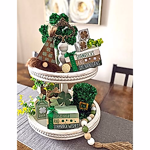 2 Tiered Tray Wooden Serving Stand by Felt Creative Home Goods. Small Shabby Chic Beaded Tray for Home Decor Display Farmhouse Country Decoration Kitchen or Dining. Includes 3 Custom Handles (White)