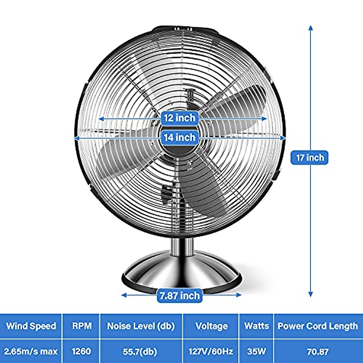 Simple Deluxe 12 Inch Stand Fan, Horizontal Ocillation 75°, 3 Settings Speeds, Low Noise, Quality Made Durable Fan, High Velocity, Heavy Duty Metal For Industrial, Commercial, Residential, Silver