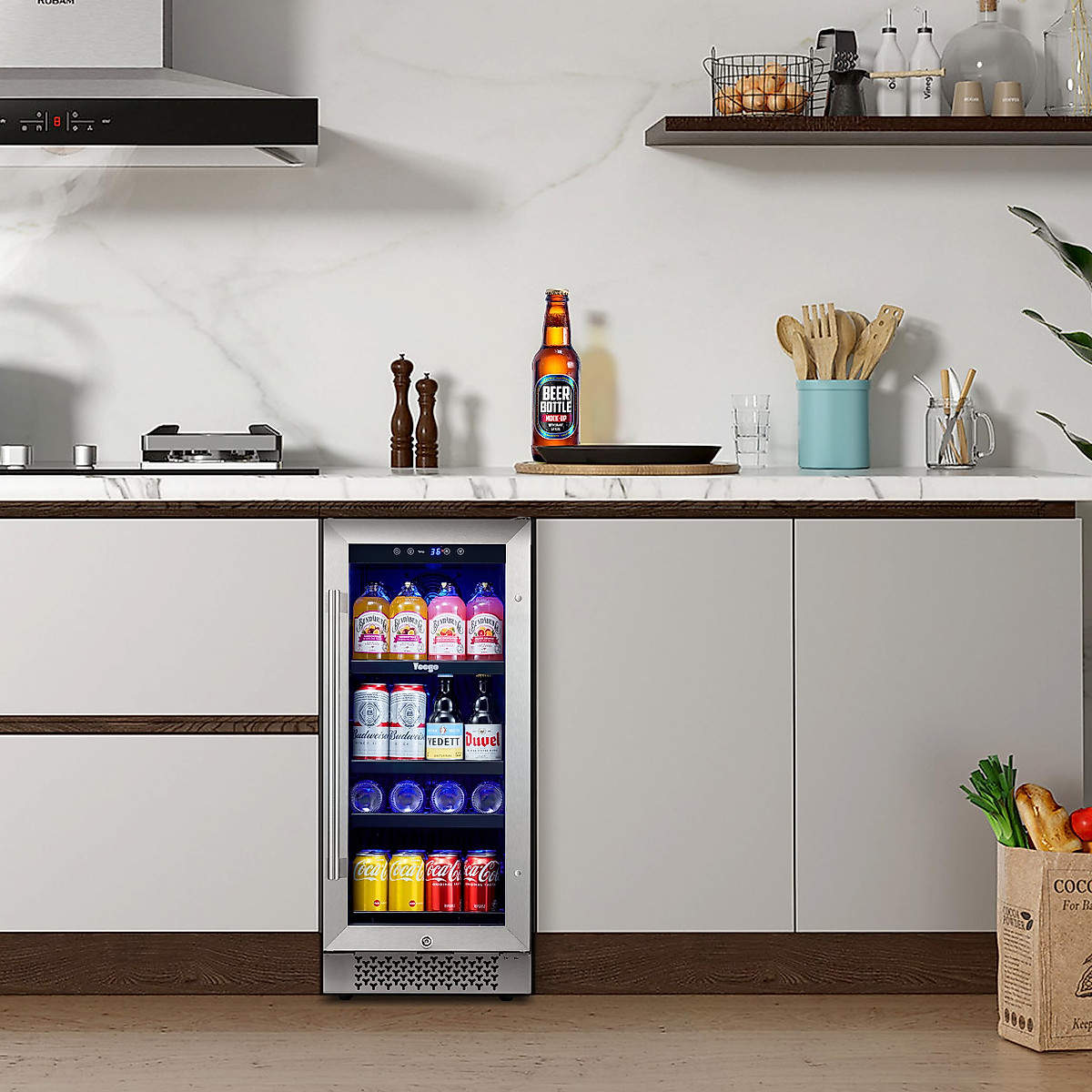 Yeego Beverage Refrigerator, 15 Inch Beverage Fridge, 80 Cans Beer Fridge with Advanced Cooling System(34-54°F), Built-in or Freestanding for Drink Soda Wine Water, Quiet Operation