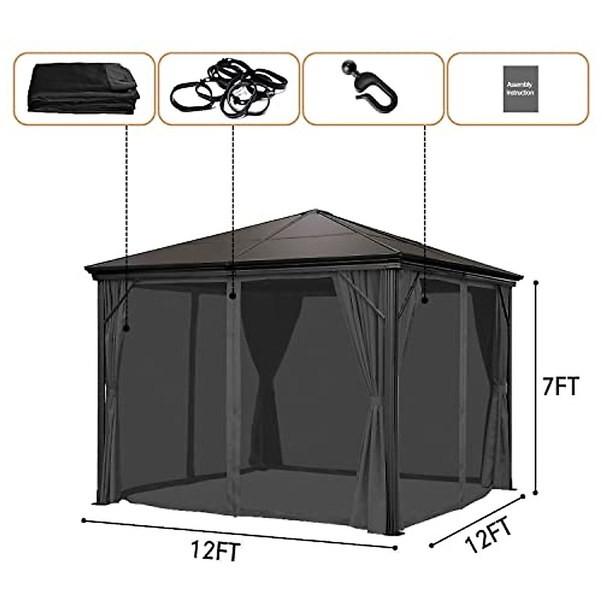 SunCula Replacement Gazebo Mosquito Netting Screen with Zipper for Patio Outdoor,Garden and Backyard (12'x12', Black, Only Netting)