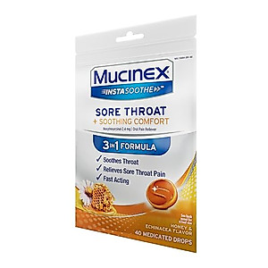 Mucinex Instasoothe Sore Throat Relief Drops, Sore Throat Lozenges, Sore Throat Medicine with Hexylresorcinol, Cough Drops Alternative, Honey & Echinacea Flavor Medicated Numbing Throat Drops, 40 ct
